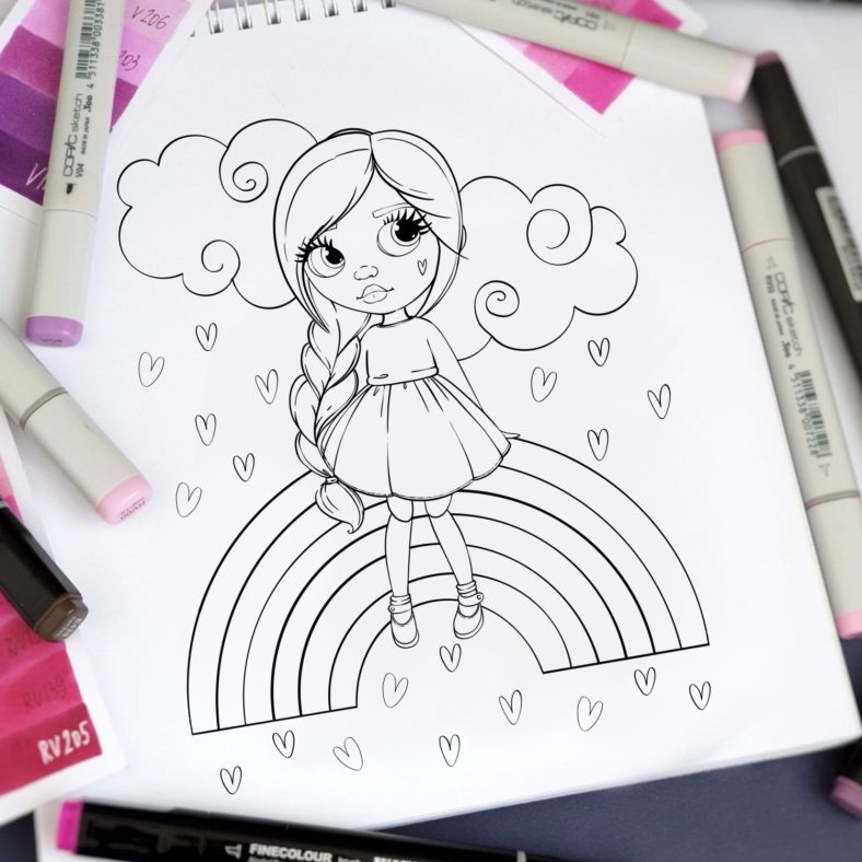 Unique rainbow doll coloring page for teens, adults or kids1