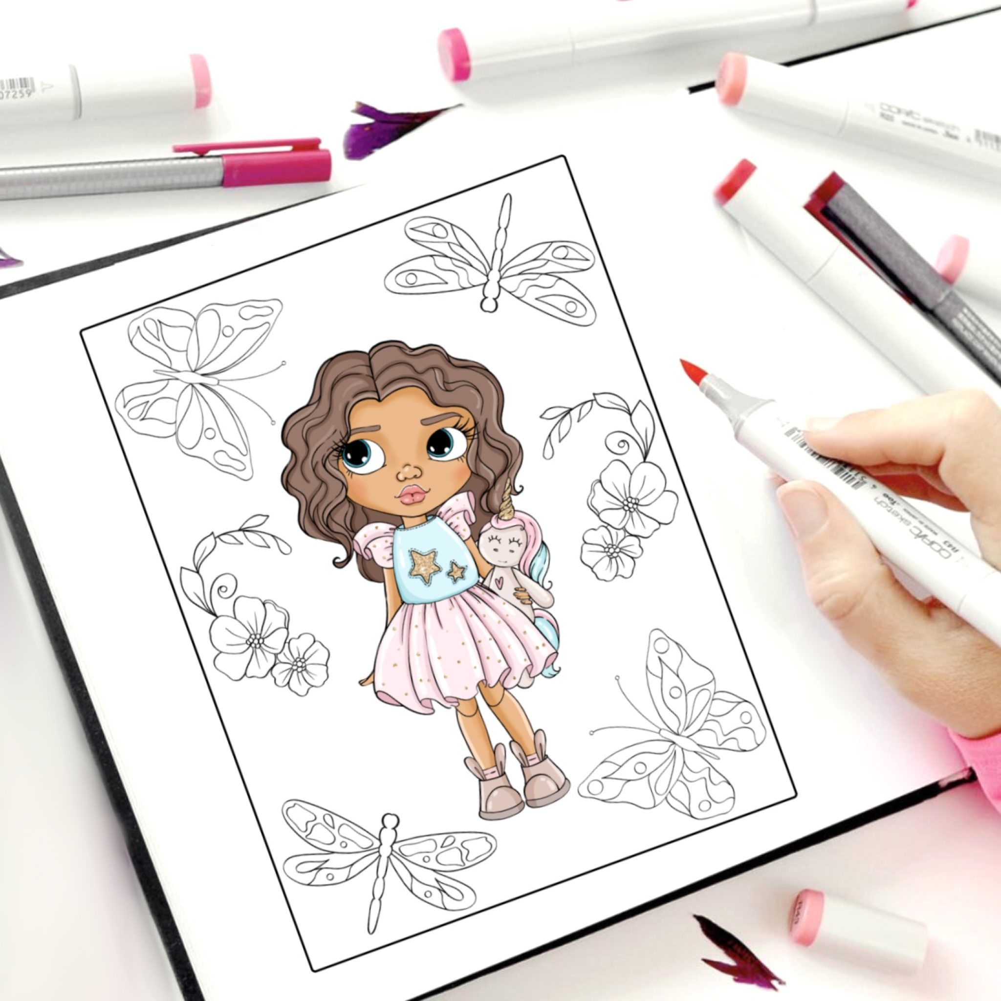 Gorgeous summer girl coloring page for teens, adults, kids1
