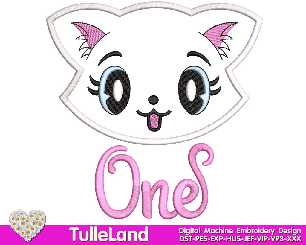 Kids Cute Kitty with number One Machine embroidery design
