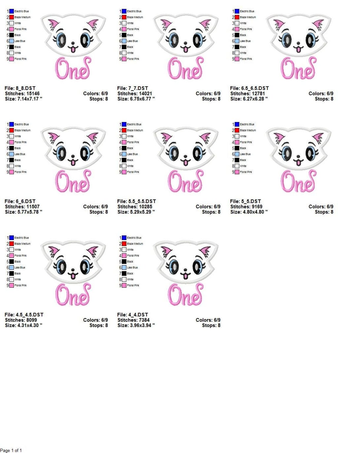 Kids Cute Kitty with number One Machine embroidery design