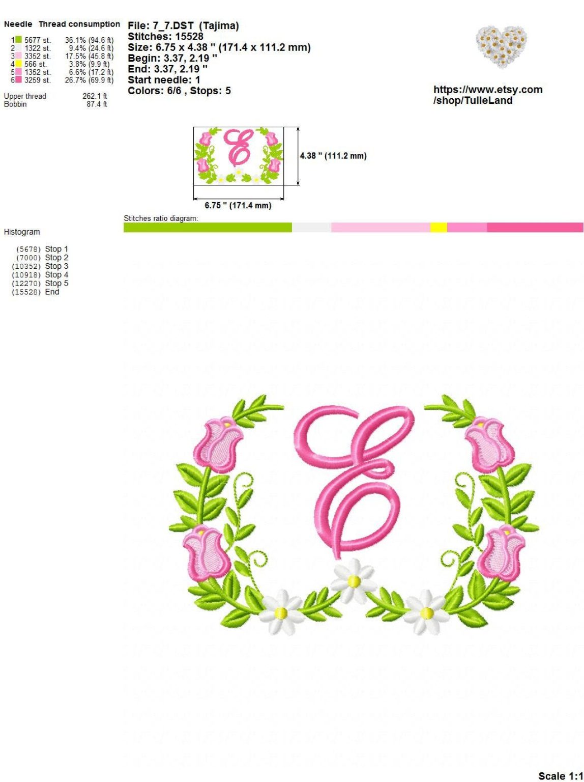 Frame with flowers Letter E Machine embroidery design