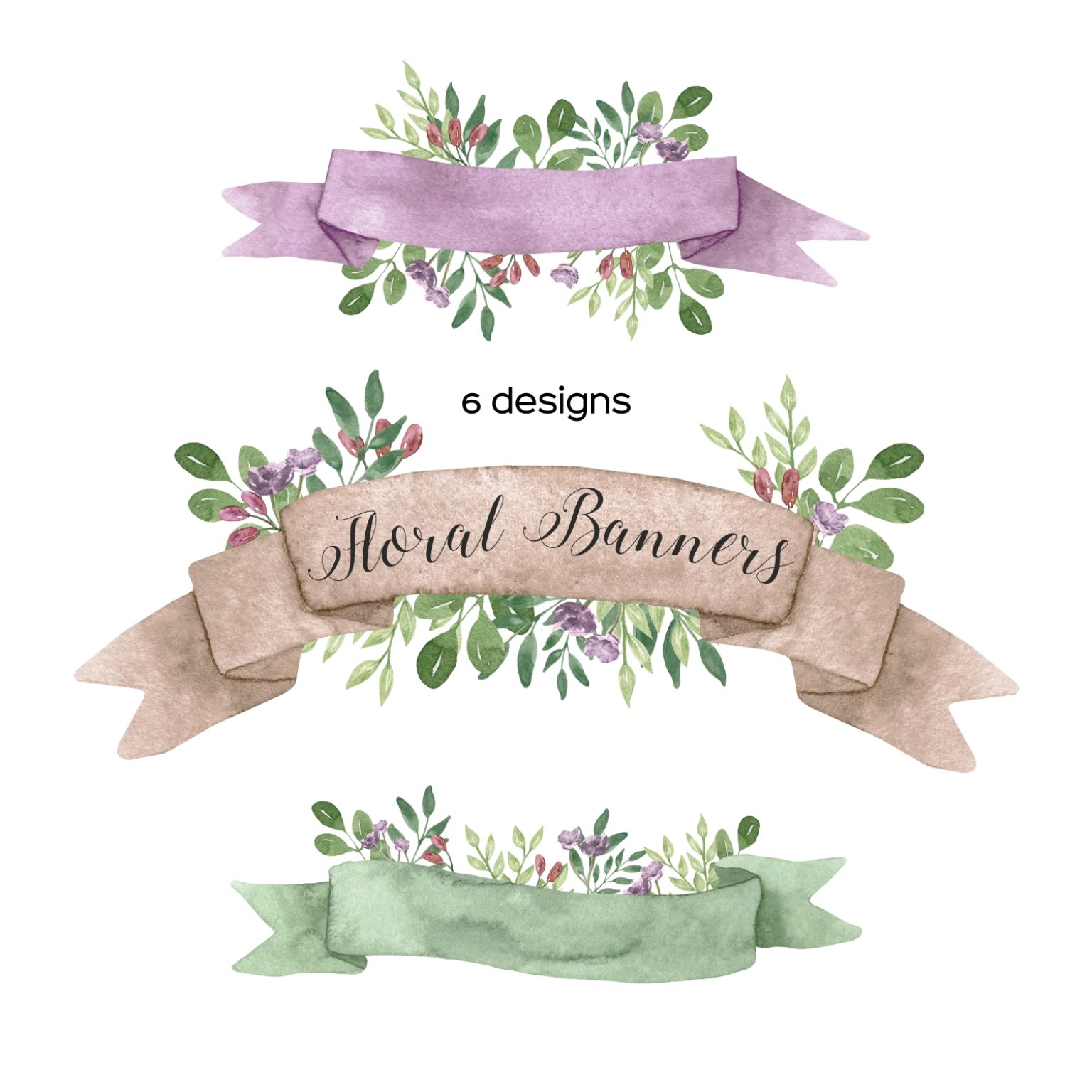 Watercolor ribbon banner with flowers 6 amazing designs