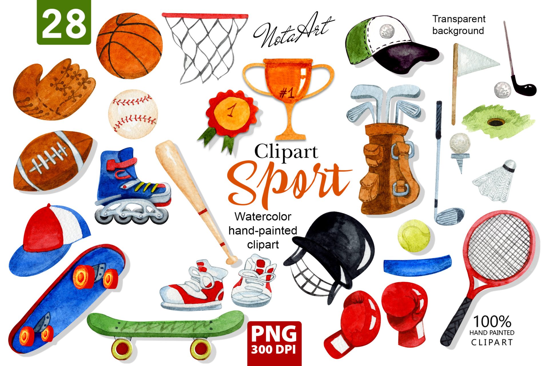 Watercolor clipart sports equipment - Crealandia