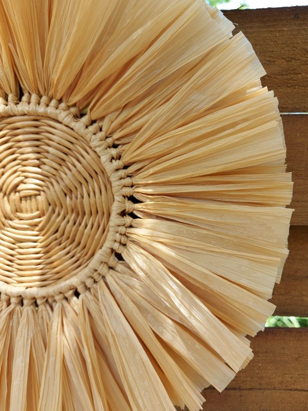 Wall wicker plates with raffia and wooden beads - Boho decor