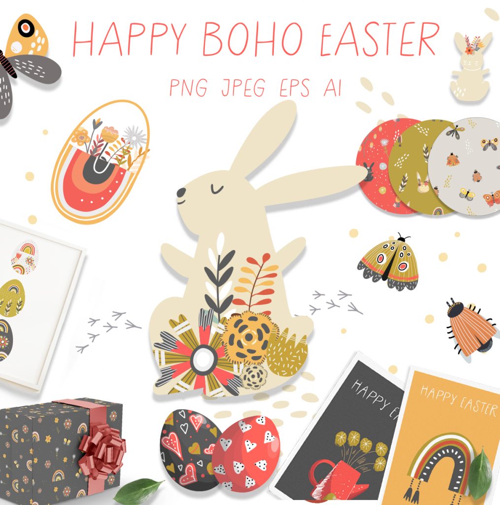 Happy Easter boho hand drawn clipart, DIGITAL item
