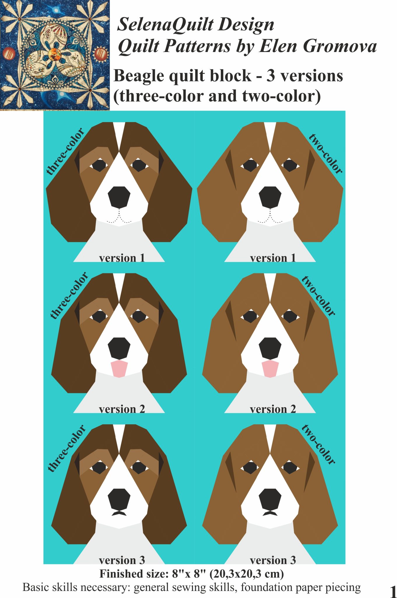 Beagle Quilt Block PDF Pattern 3 versions Paper Piecing