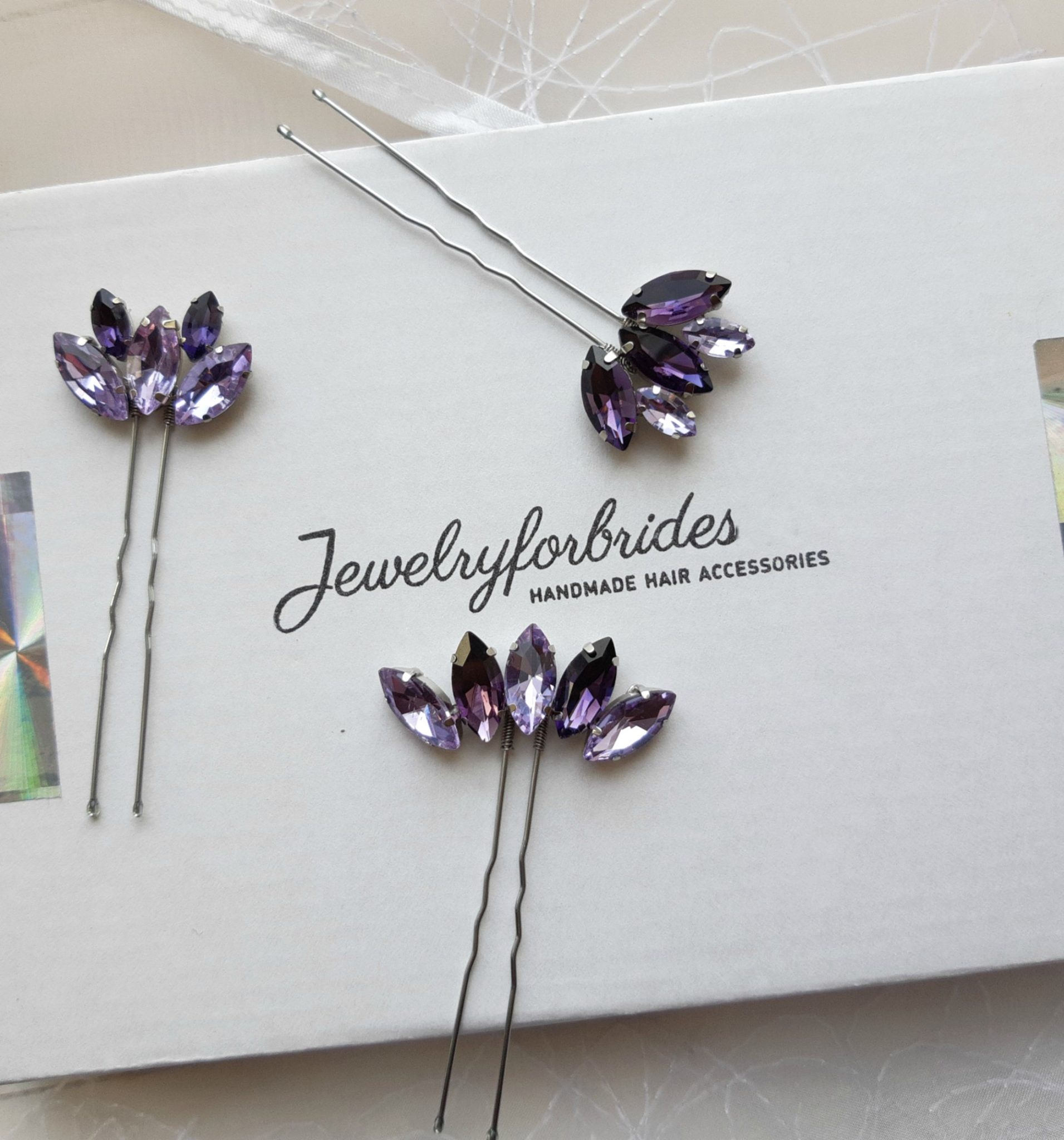 Purple crystal hair pins set of 3 Amethyst hair pins set