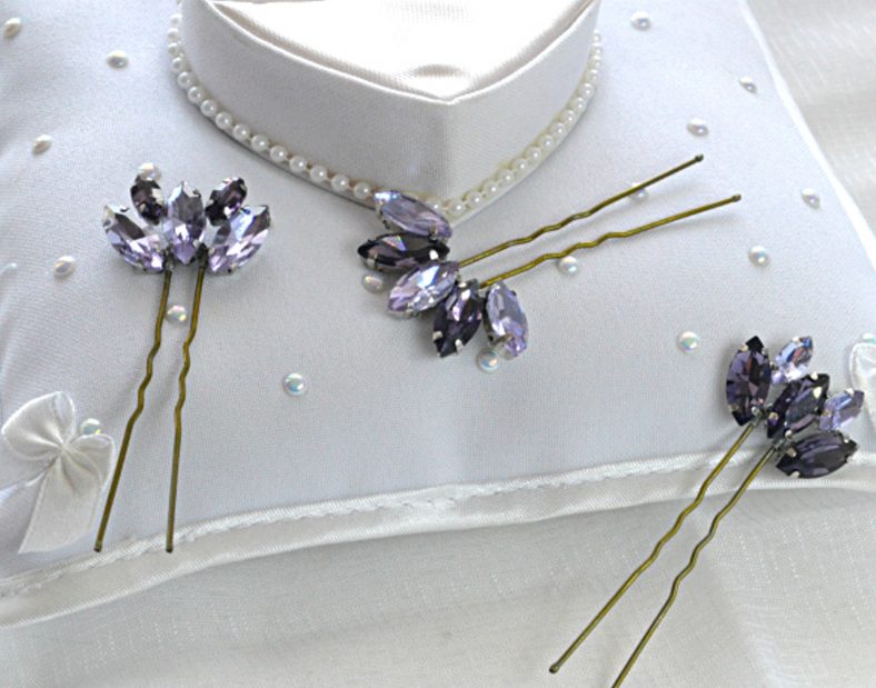 Purple crystal hair pins set of 3 Amethyst hair pins set