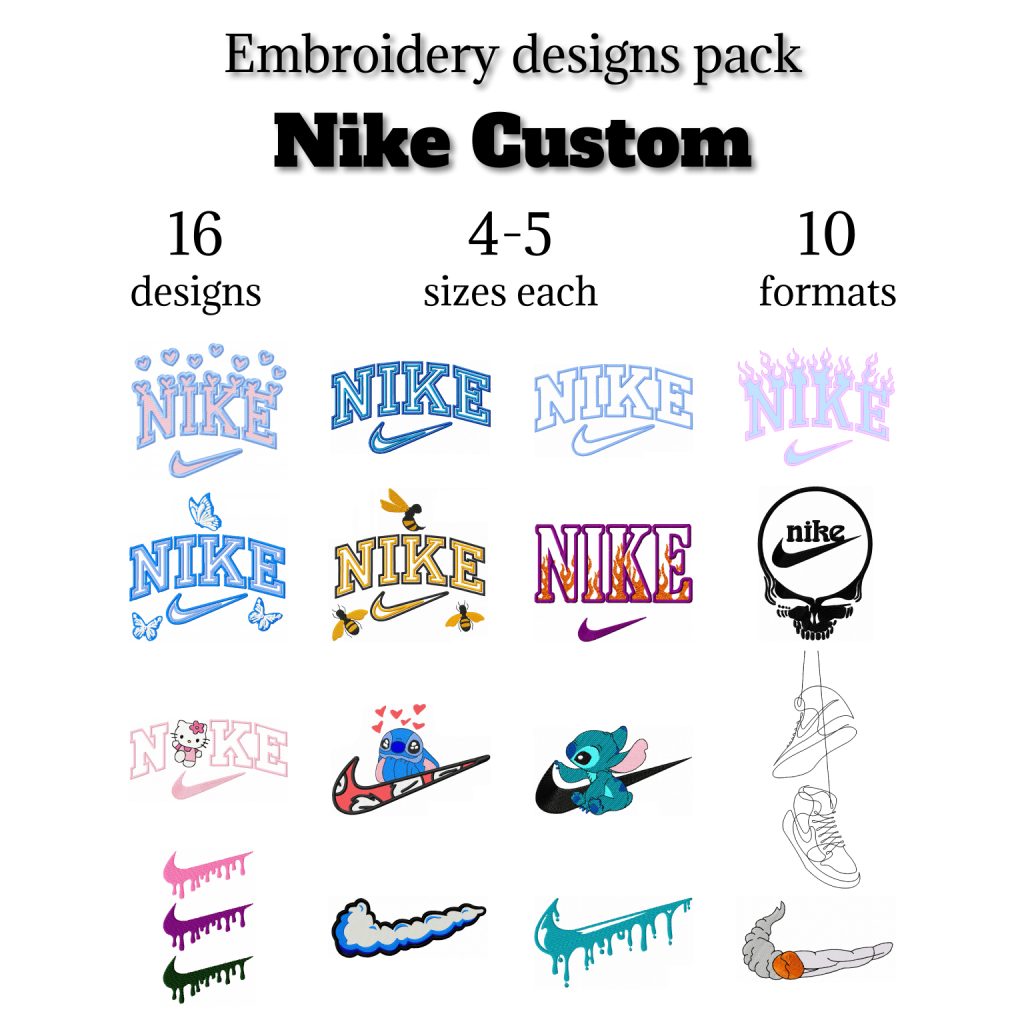 Nike Embroidery Design pack, custom logo set pes dst, 16 designs ...