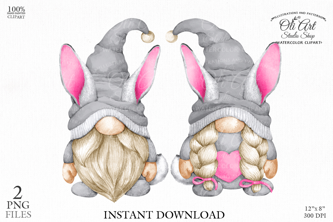 Easter Bunny gnome, digital clipart png, сute characters grey - Crealandia