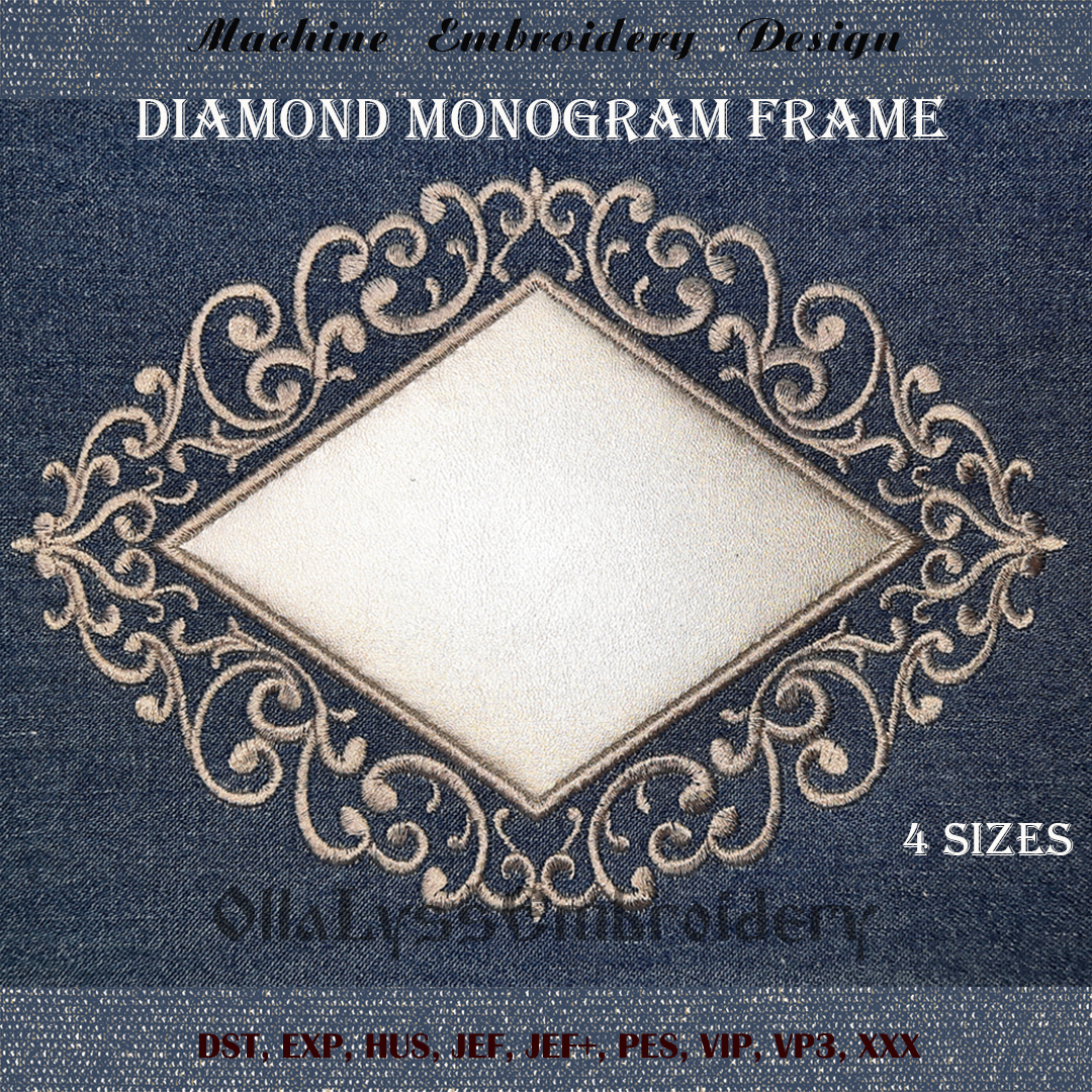 Diamond monogram frame applique machine embroidery design