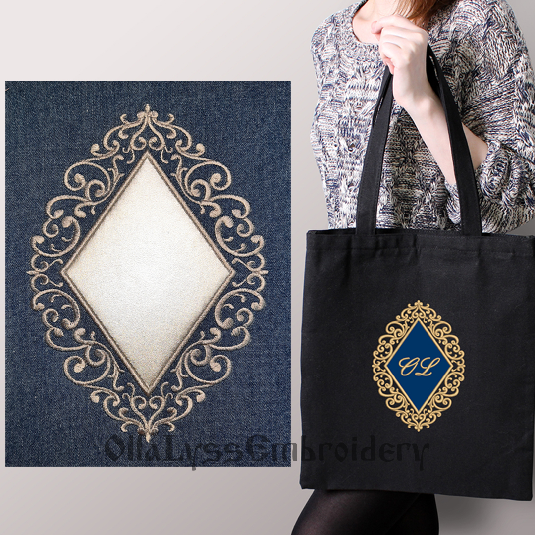 Diamond monogram frame applique machine embroidery design