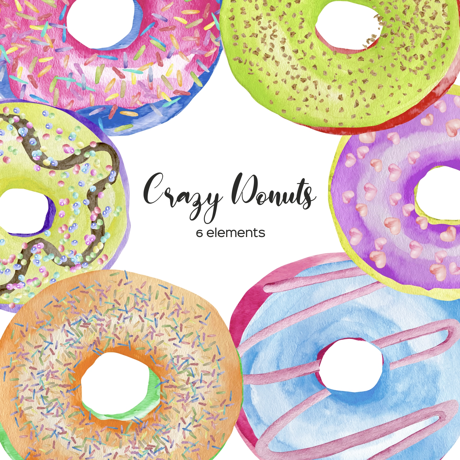 Watercolor donut clipart it`s 6 crazy colorful donuts PNG