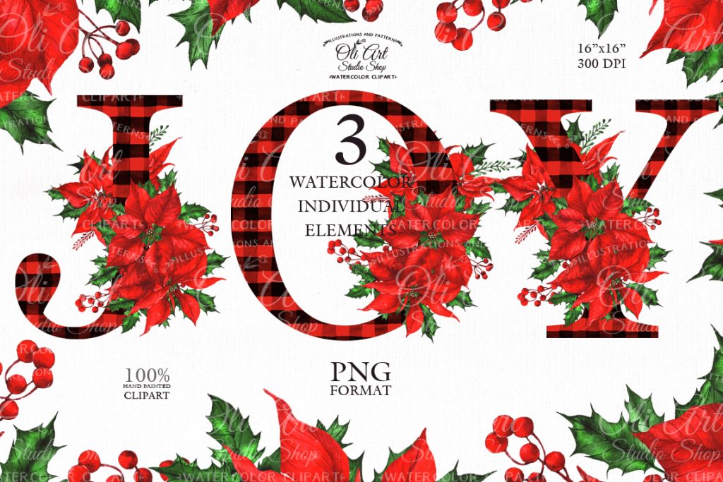Сhristmas clipart. Happy holidays winter watercolor, JOY PNG. - Crealandia