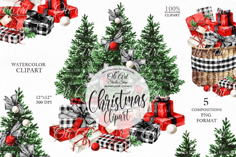 Сhristmas Watercolor clipart. Christmas tree, Gift Box. Watercolour ...