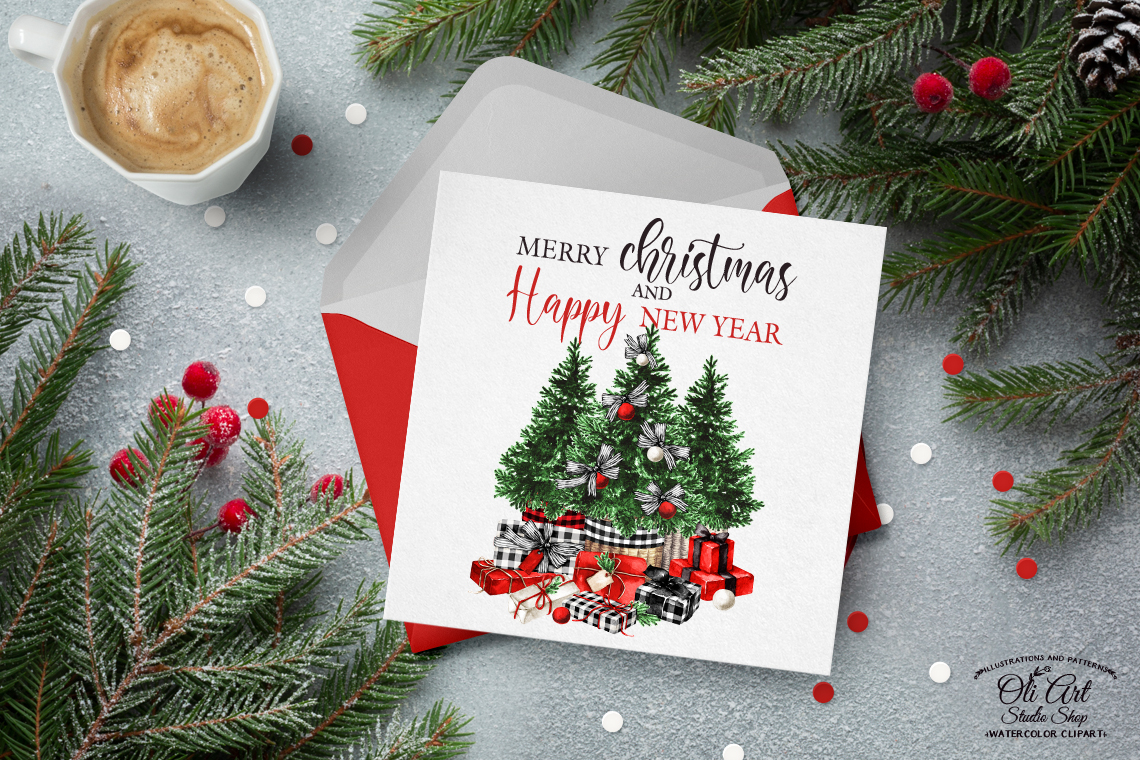 Сhristmas Watercolor clipart. Christmas tree, Gift Box. Watercolour ...