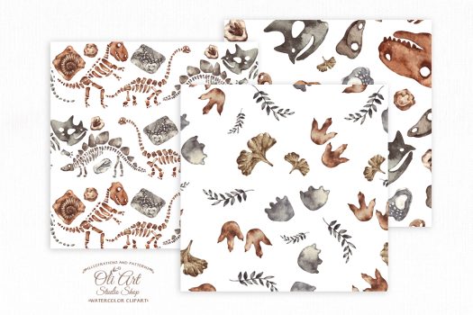 Watercolor fossils clipart png, dinosaurs clip art, bones, pattern ...
