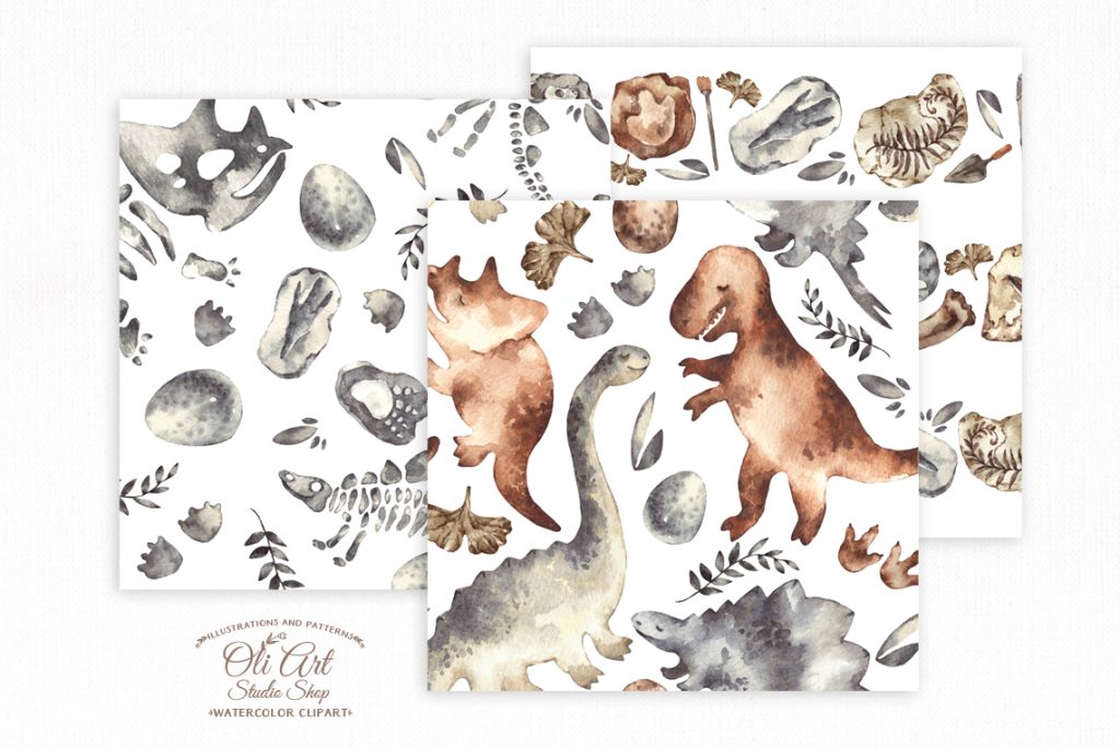 Watercolor fossils clipart png, dinosaurs clip art, bones, pattern ...