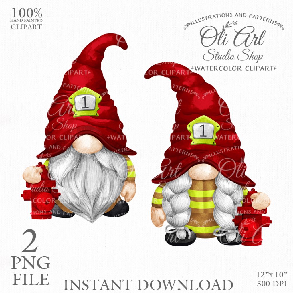 Firefighter Gnome clip art png, Hand Drawn graphics - Crealandia
