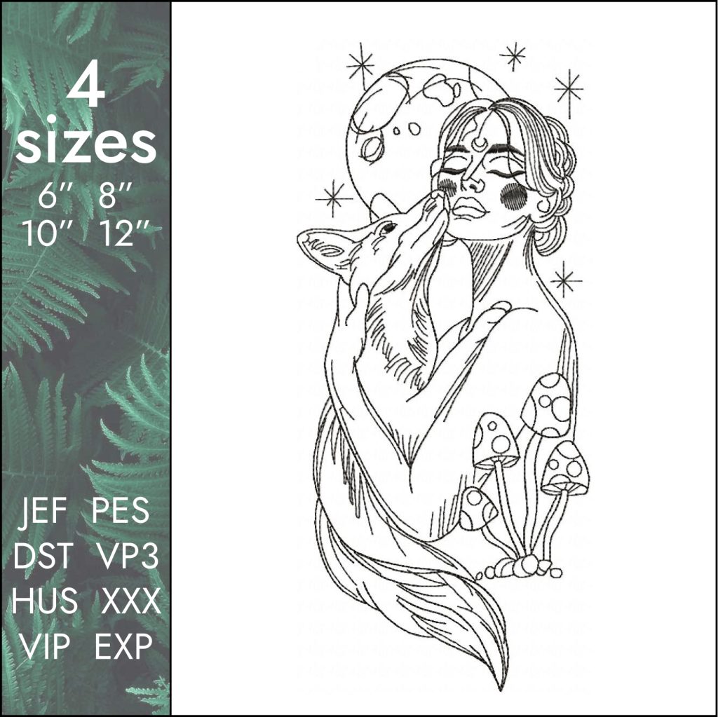 Moon maiden Embroidery Design, girl fox one line dst pes, 4 sizes ...