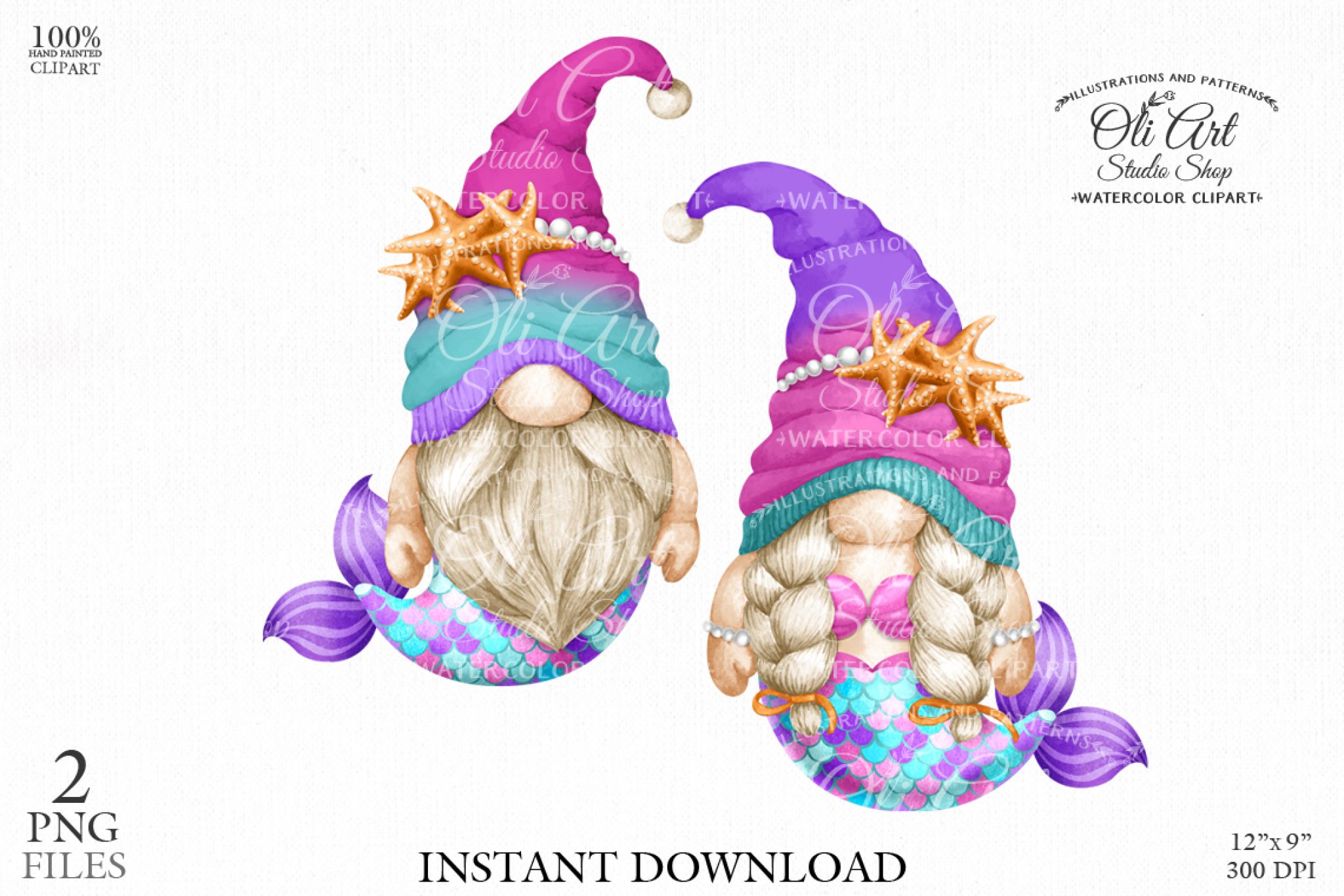 Mermaids Gnomes, сute characters, digital clipart PNG - Crealandia