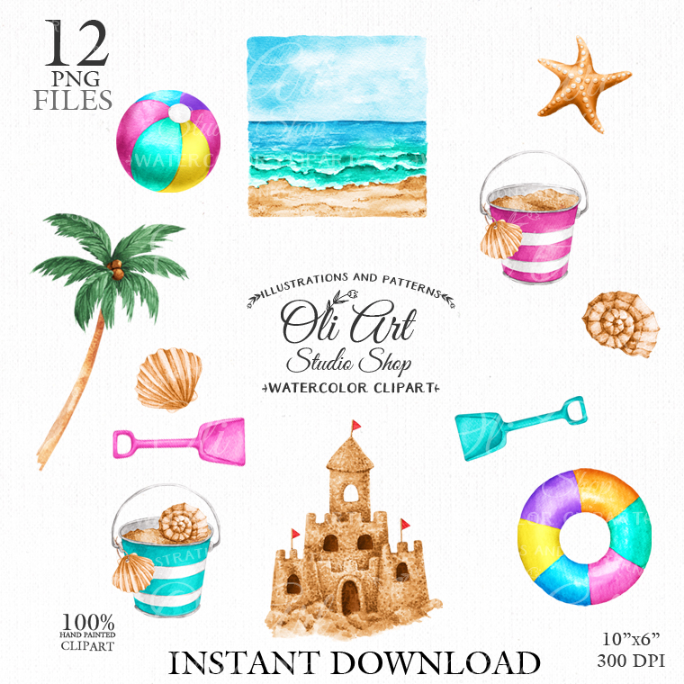 Watercolor clipart summer, beach digital design digital graphics ...