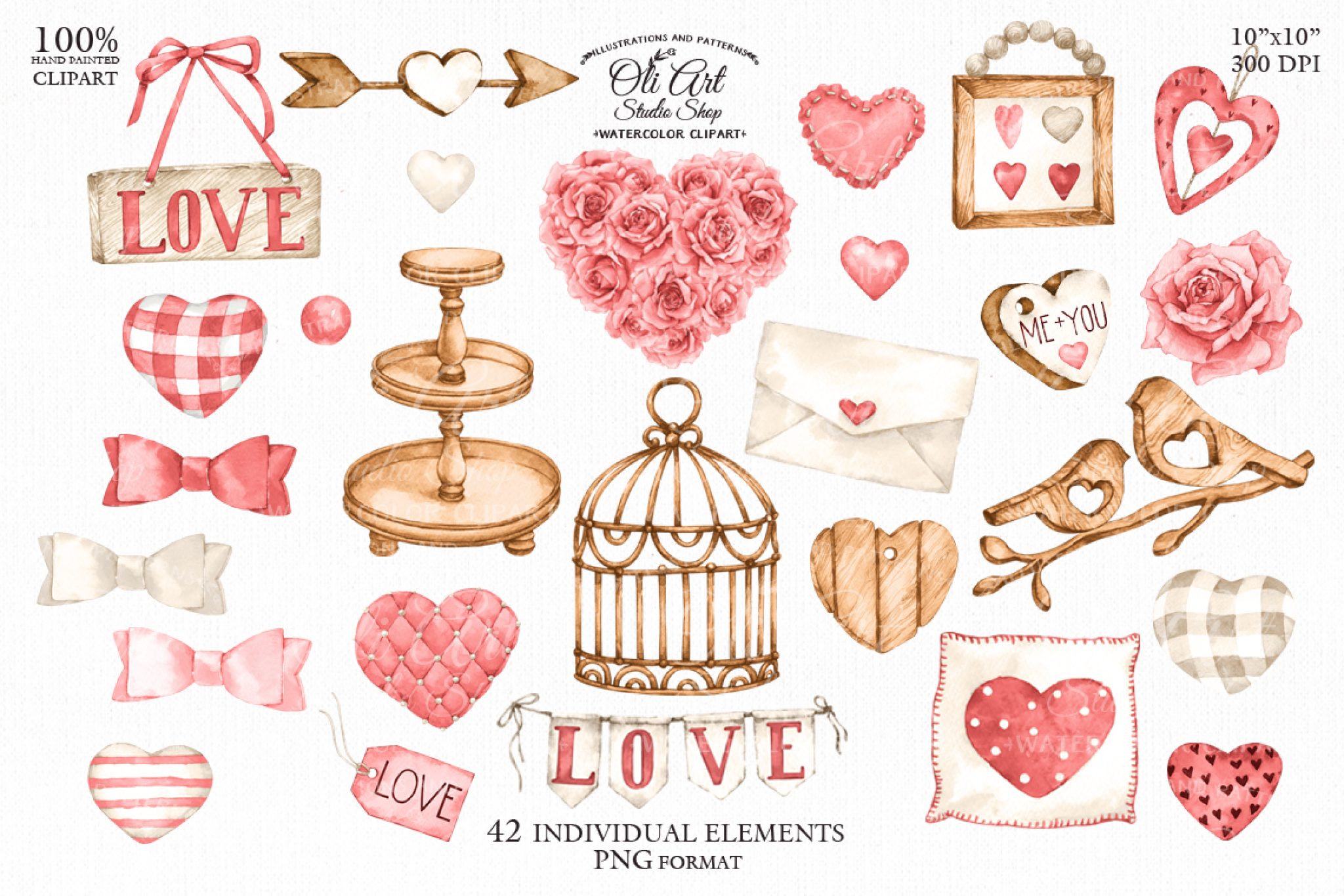 Watercolor Valentine's Day Pink clipart, love clipart - Crealandia