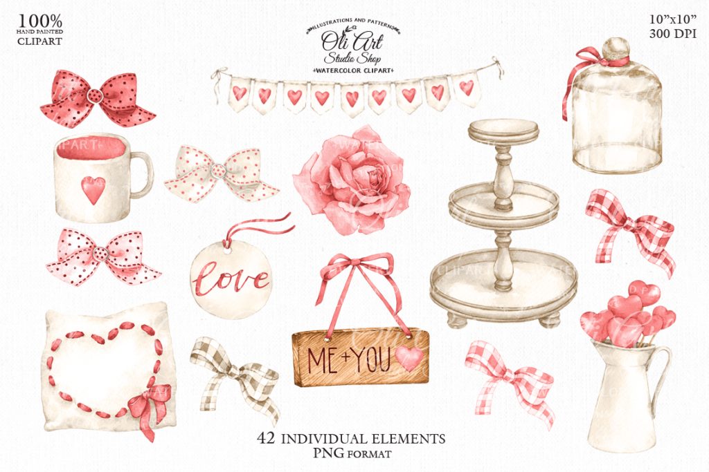 Watercolor Valentine's Day Pink clipart, love clipart - Crealandia