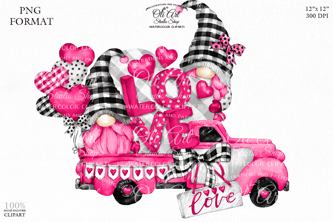 Watercolor Valentine's Day clipart, Pink Truck, Gnomes - Crealandia