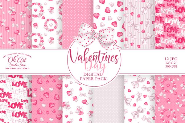 Valentines Day digital paper pack. Valentines Patterns, Love - Crealandia