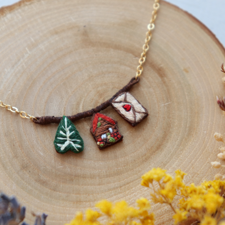 Cottagecore necklace with letter, house, alocasia houseplant