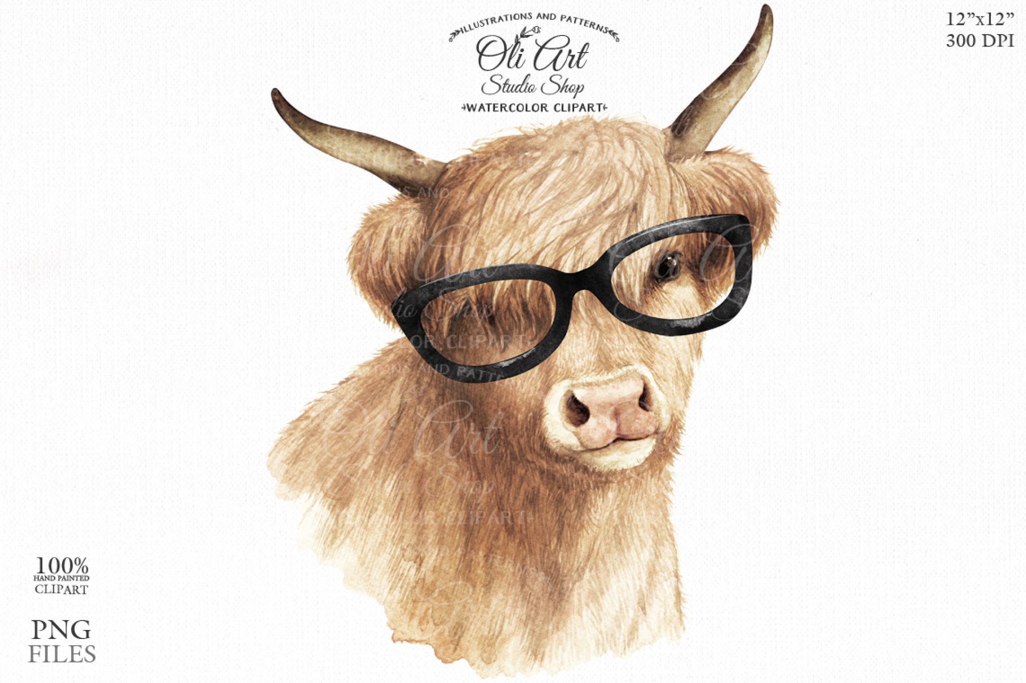 Highland cow with glasses clipart PNG, cute farm animals - Crealandia