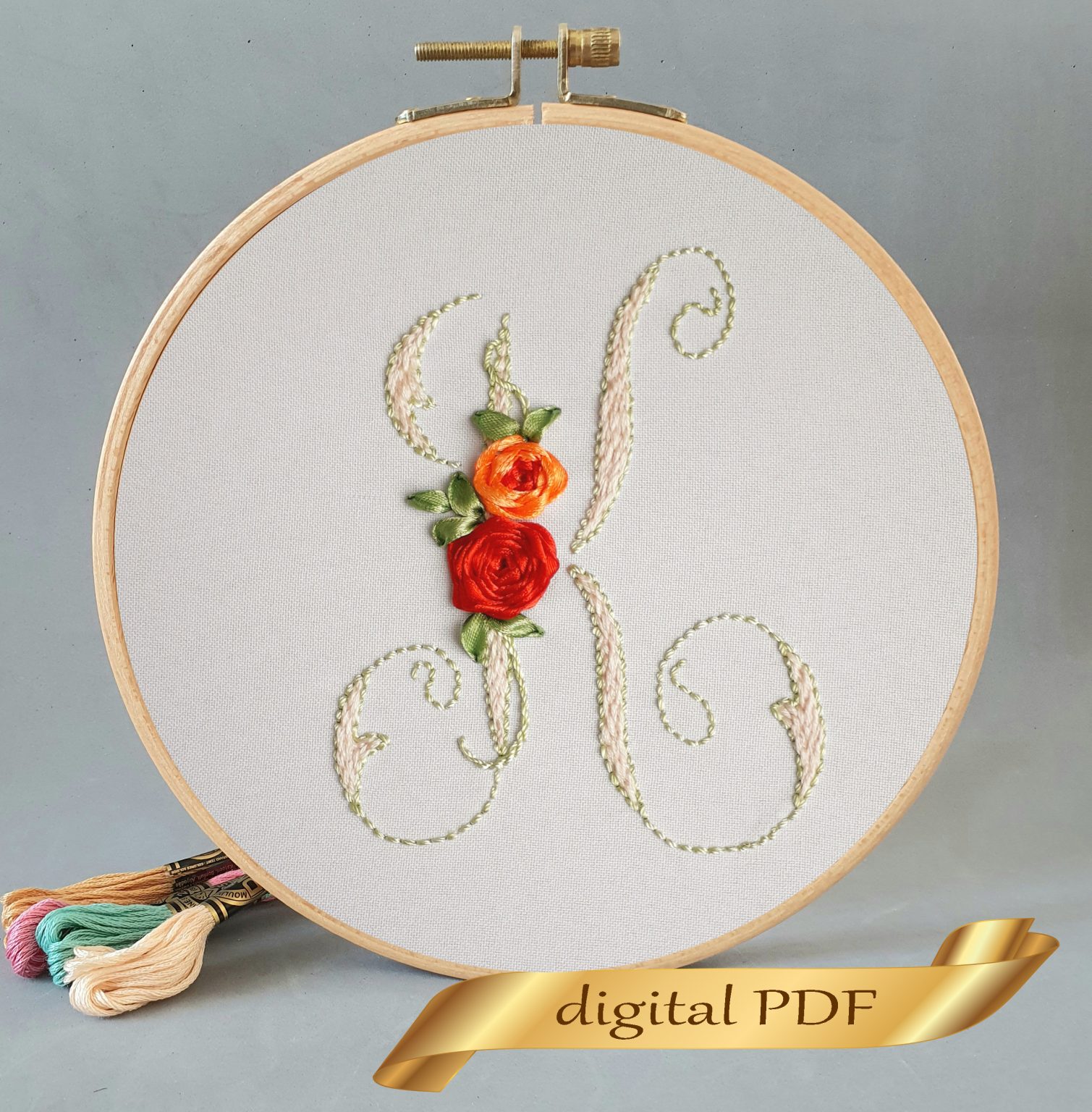 Alphabet letter K hand embroidery PDF Ribbon embroidery DIY
