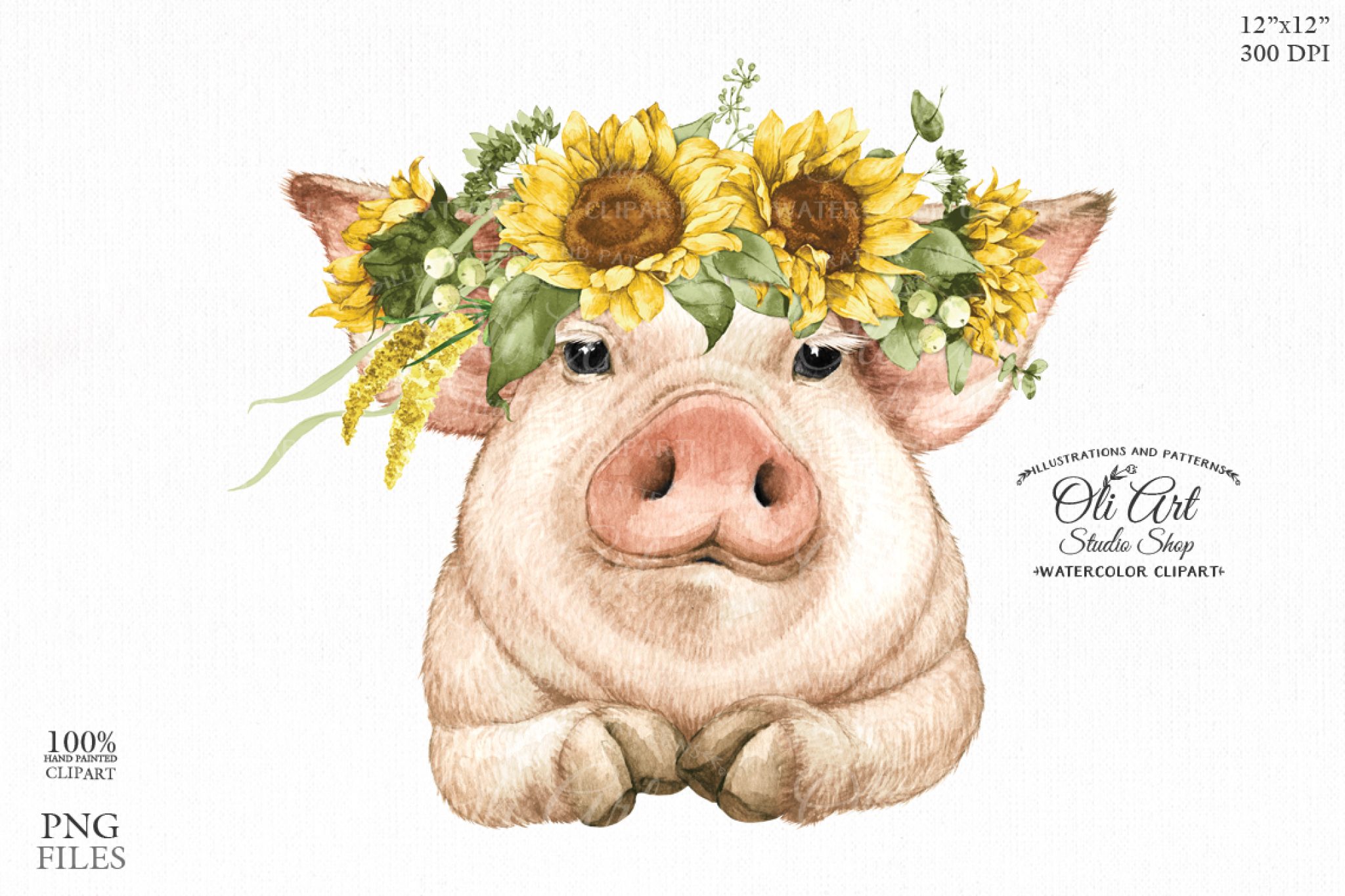 Pig with sunflowers clipart PNG, floral crown pig with flowers - Crealandia