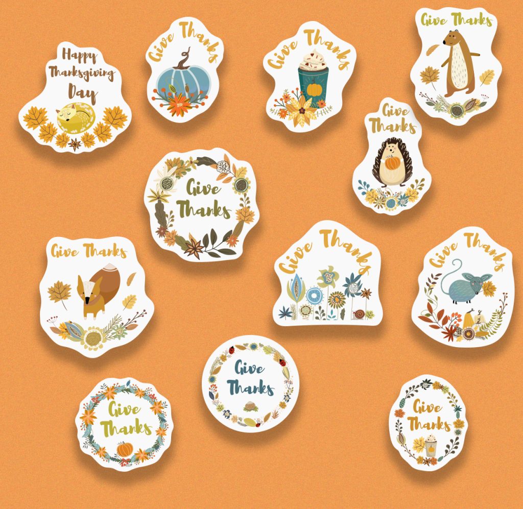 Thanksgiving vector, Fall leaves, Forest animals, pumpkin sticker ...