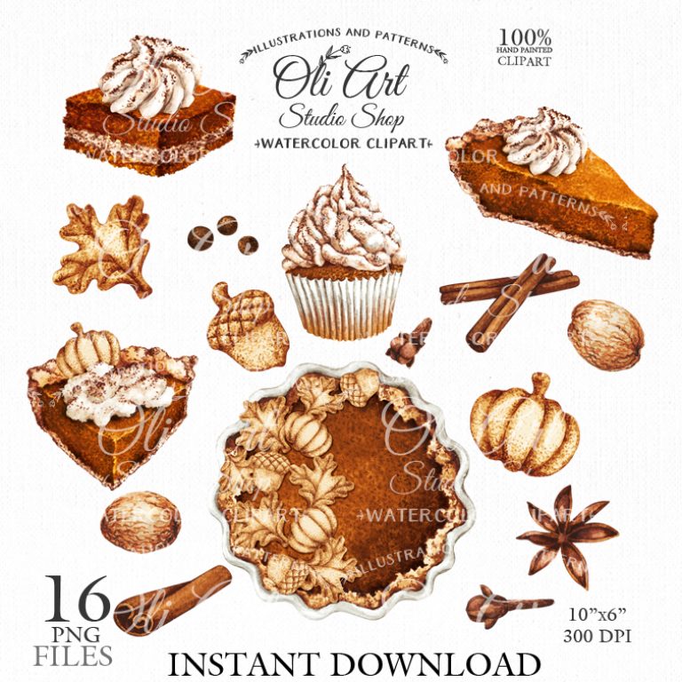 Watercolor autumn clipart, pumpkin pie, fall, thanksgiving - Crealandia