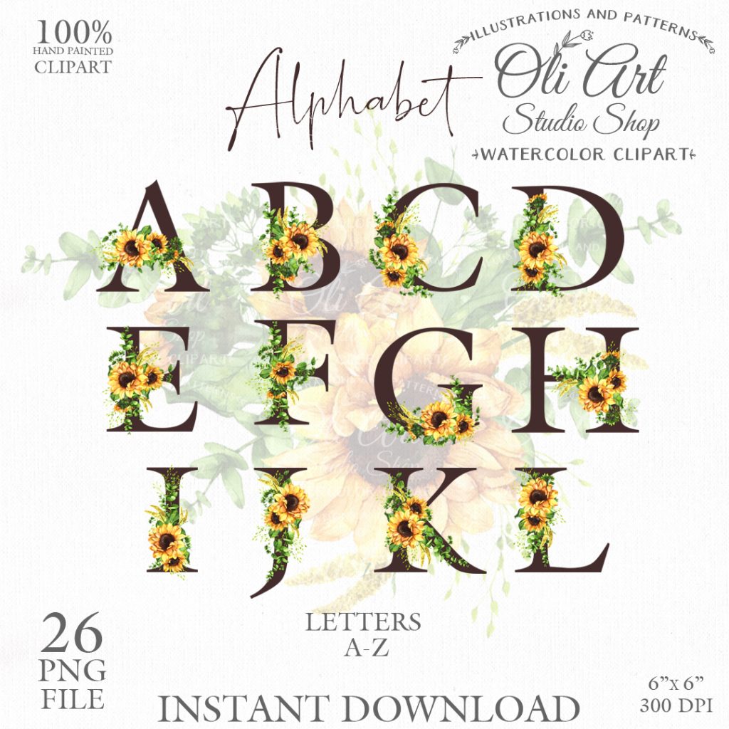 Alphabet Clip Art. Sunflowers Flowers Letters Hand Drawn graphics ...