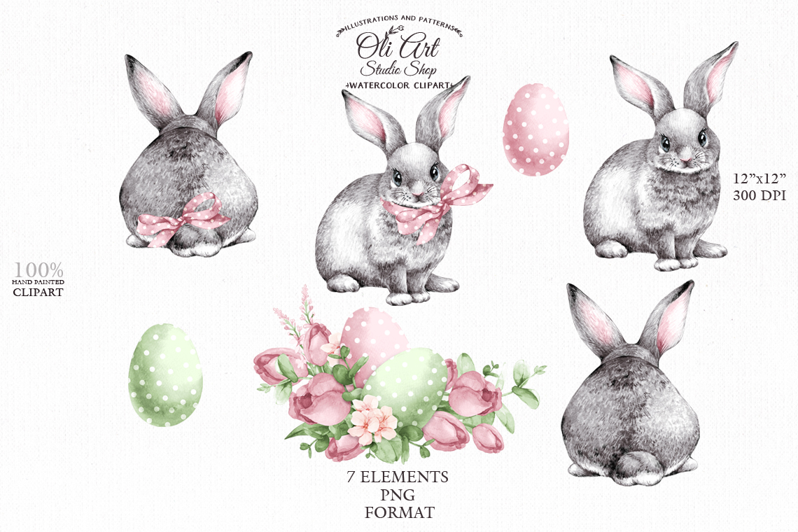 Watercolor Easter Bunny clipart PNG. Easter eggs clipart. - Crealandia