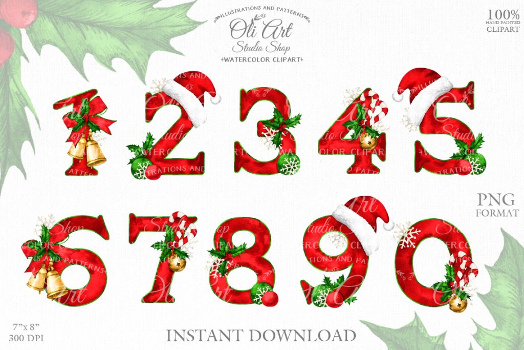 Christmas number set clipart. Digital clipart png format. Xmas ...