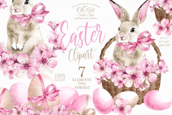 Watercolor easter cute bunny clipart, PNG, pink easter eggs - Crealandia