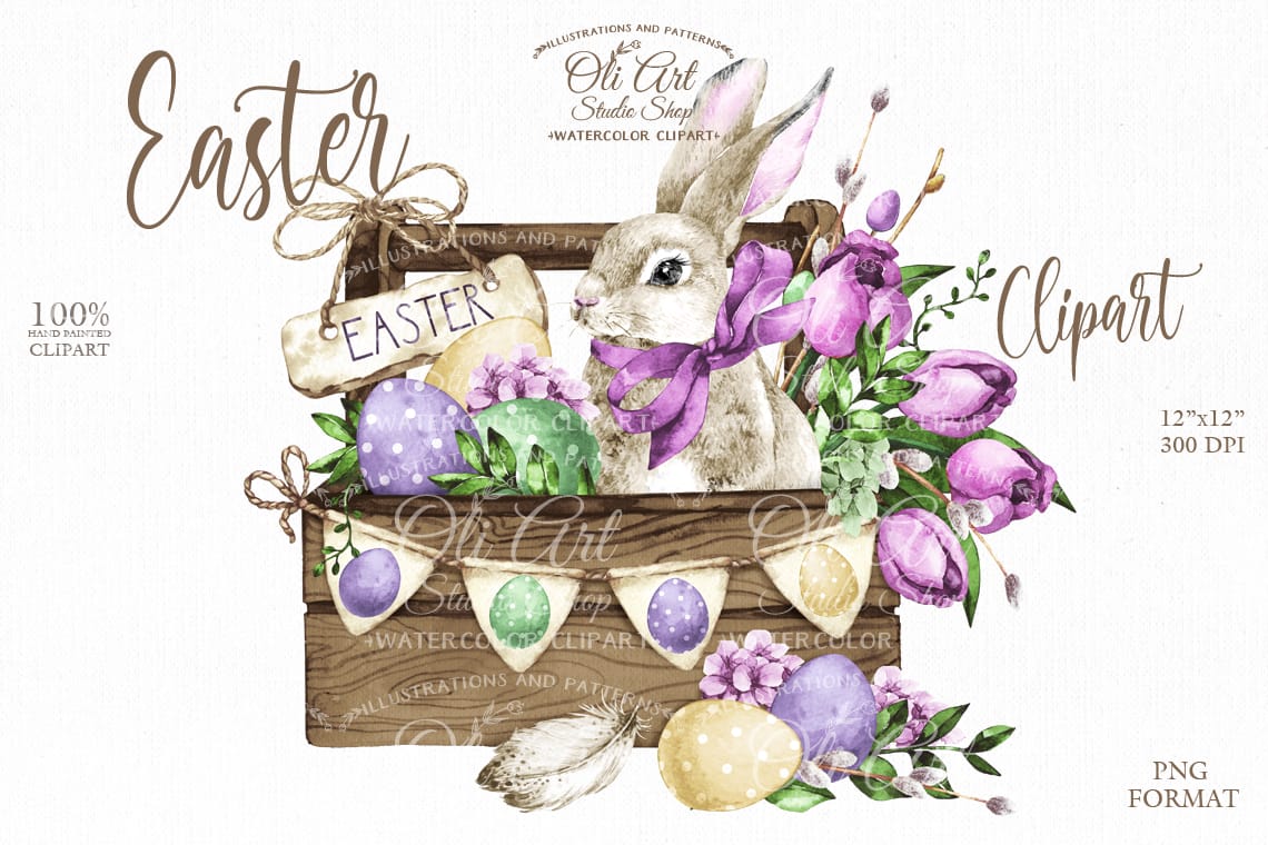 Watercolor Easter wreath, Cute bunny clipart, easter eggs, clipart ...