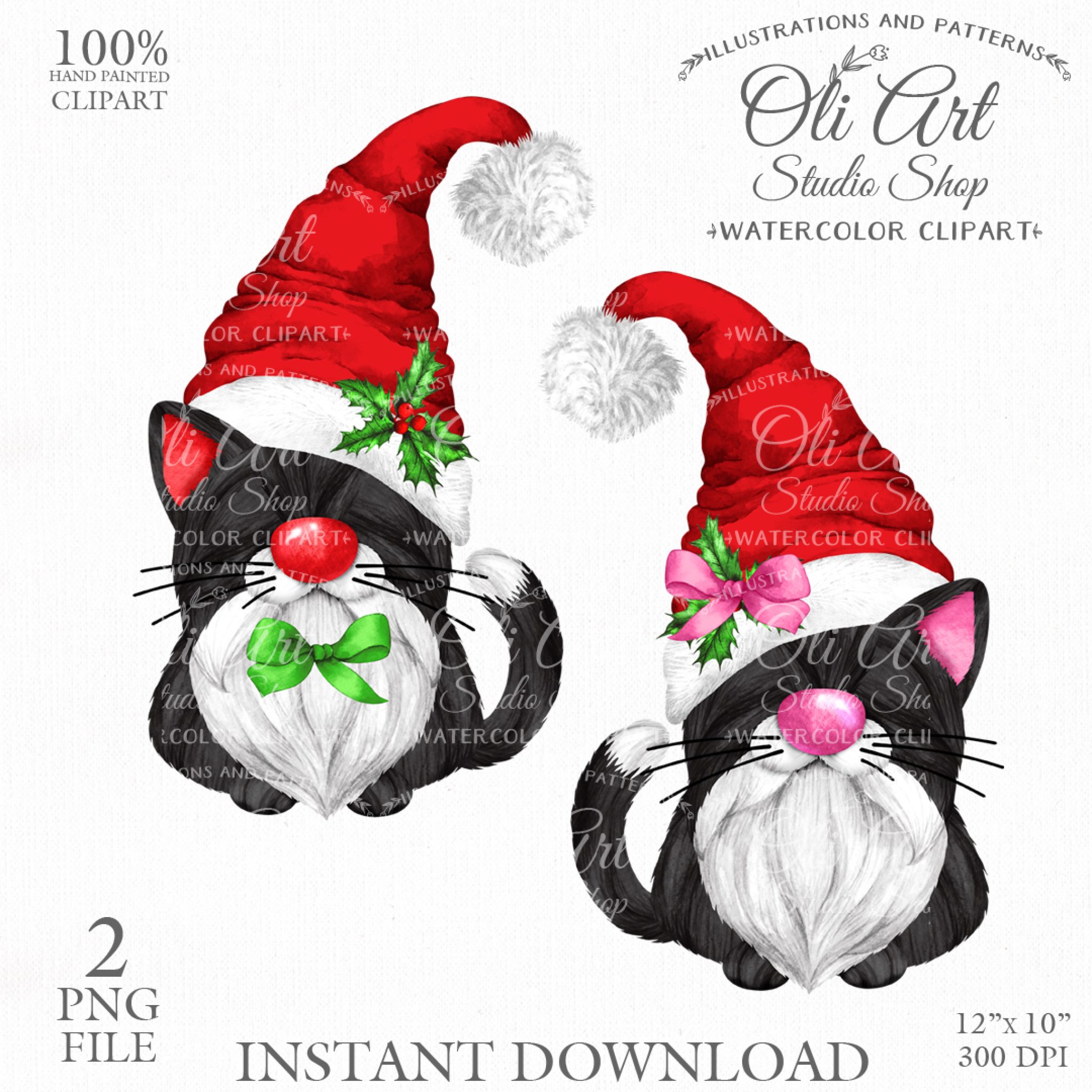 Christmas Cat Digital Clip Art Cute Characters Hand Drawn graphics ...