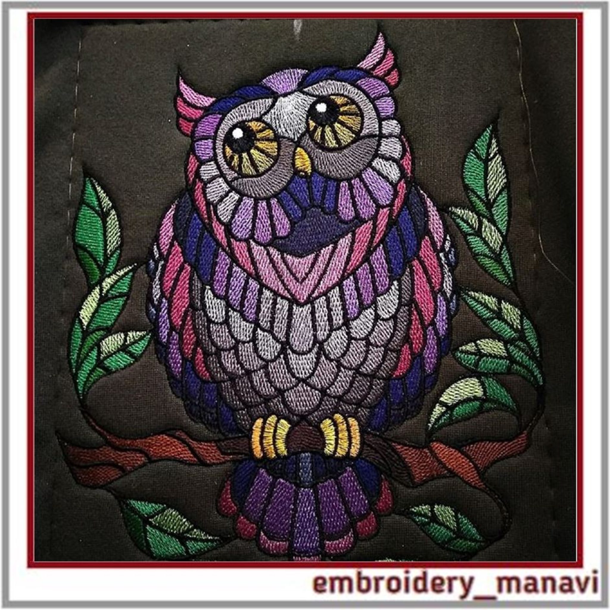 Multi-colored owl machine embroidery design.