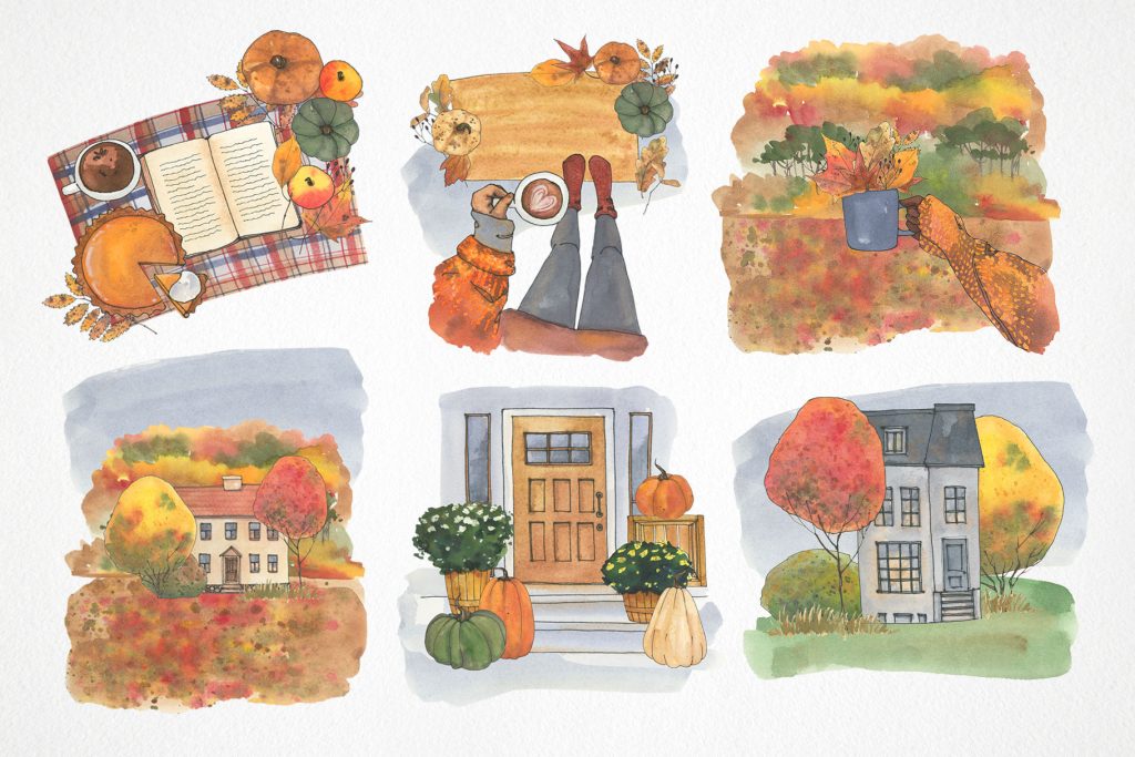 Watercolor fall clipart, Autumn country landscape illustrations ...