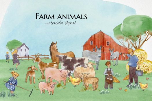 Farm animals clipart, Watercolor kids illustrations - Crealandia