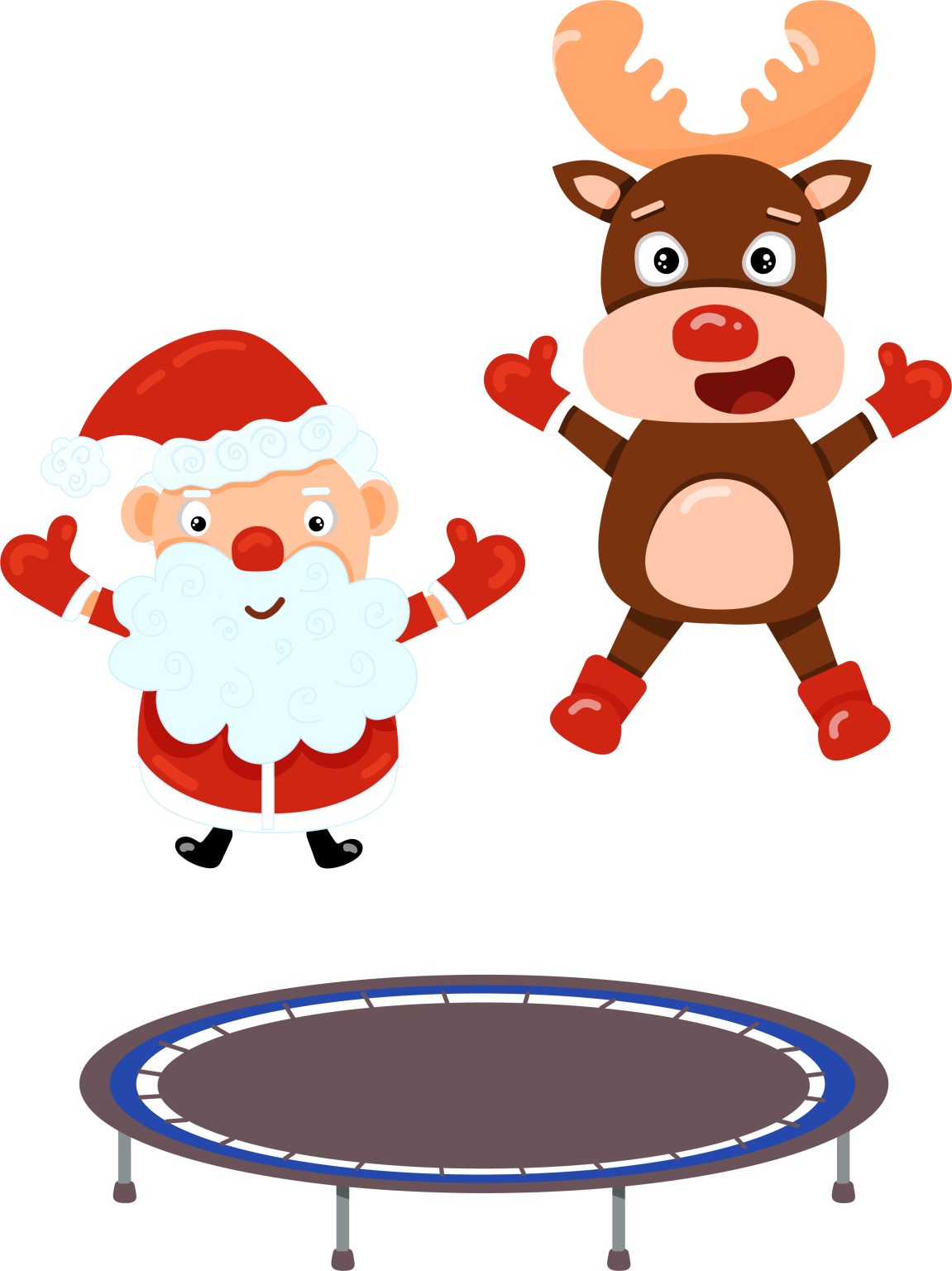 Illustration of cute cartoon santa and Rudolph jumping
