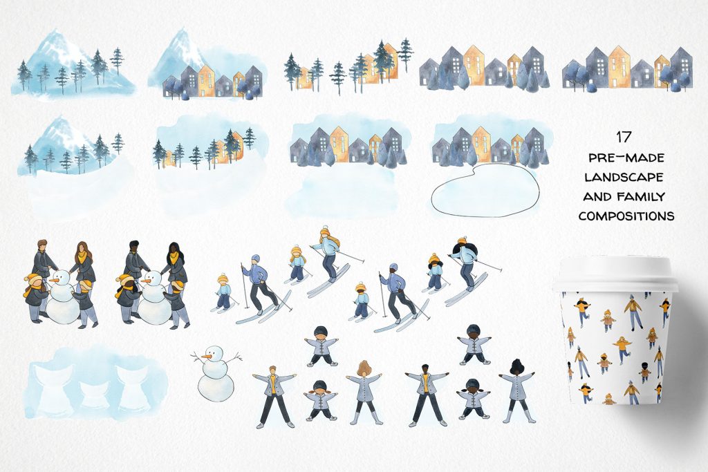 winter clipart, watercolor family outdoor activities illustrations ...