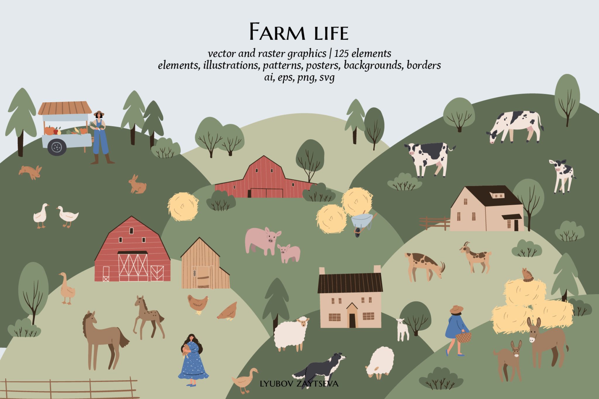 farm animals clipart, farm life svg png ai illustration - Crealandia