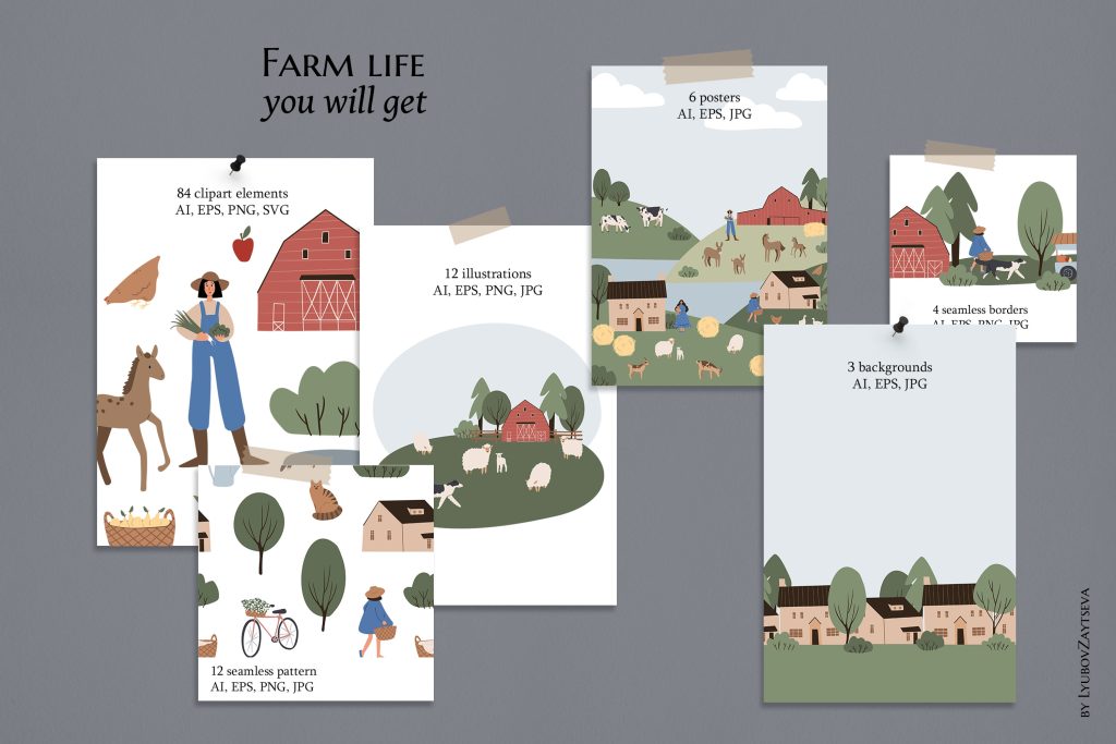 farm animals clipart, farm life svg png ai illustration - Crealandia