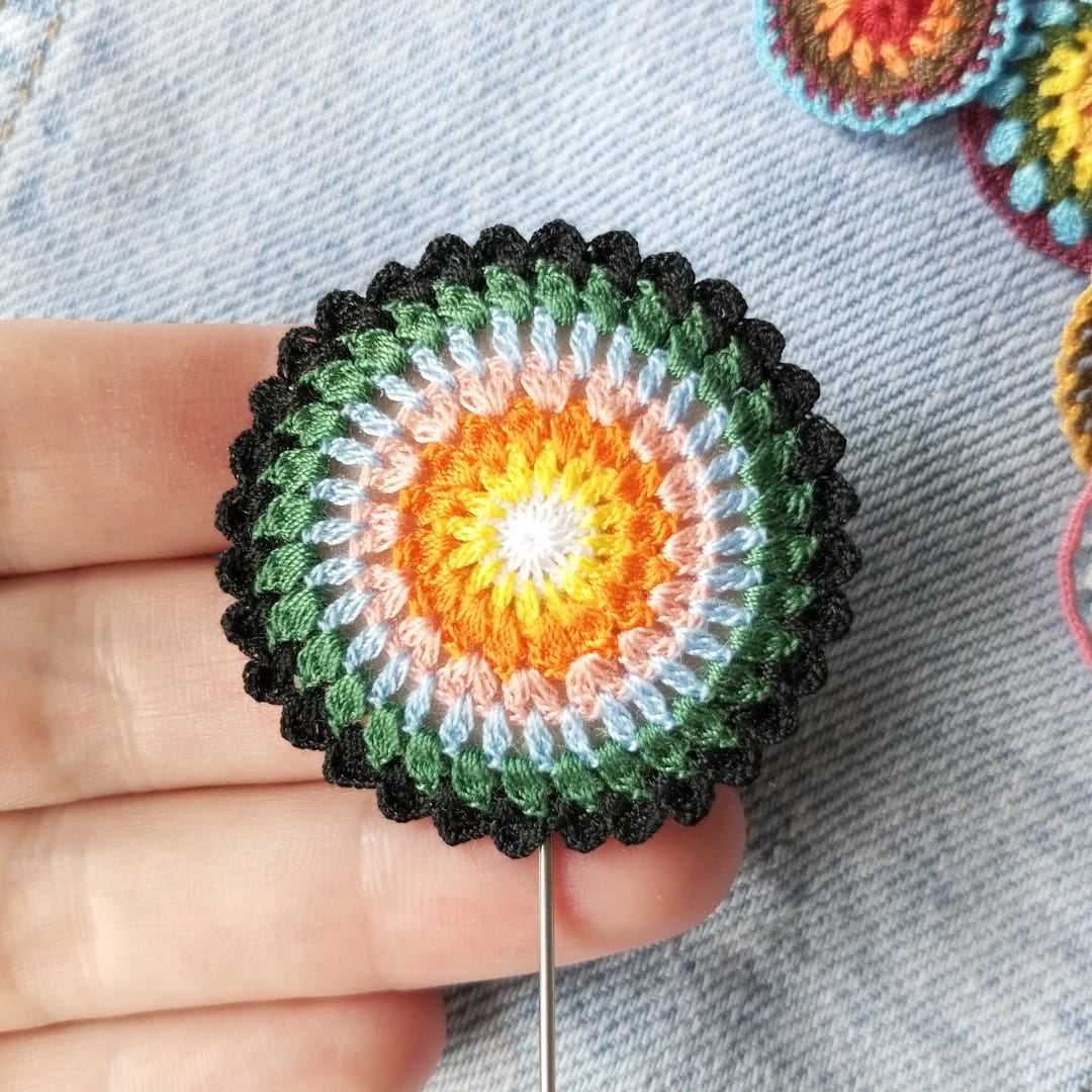 Sunbeam Mandala Brooch – Micro Crochet Cycle of Light